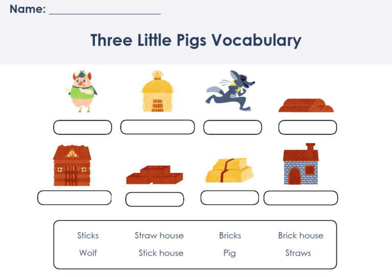Three Little Pigs Vocabulary Digital and Printable Worksheet in Blue ...