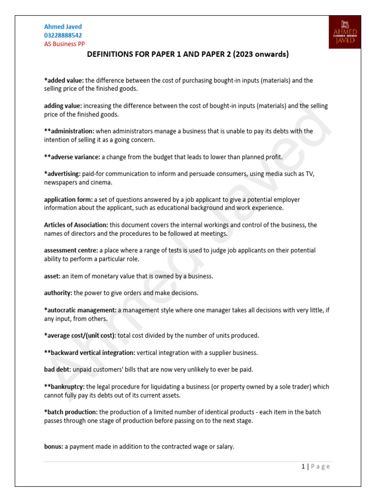 Alevel Business Definitions - 2023 | PDF | Employment | Marketing