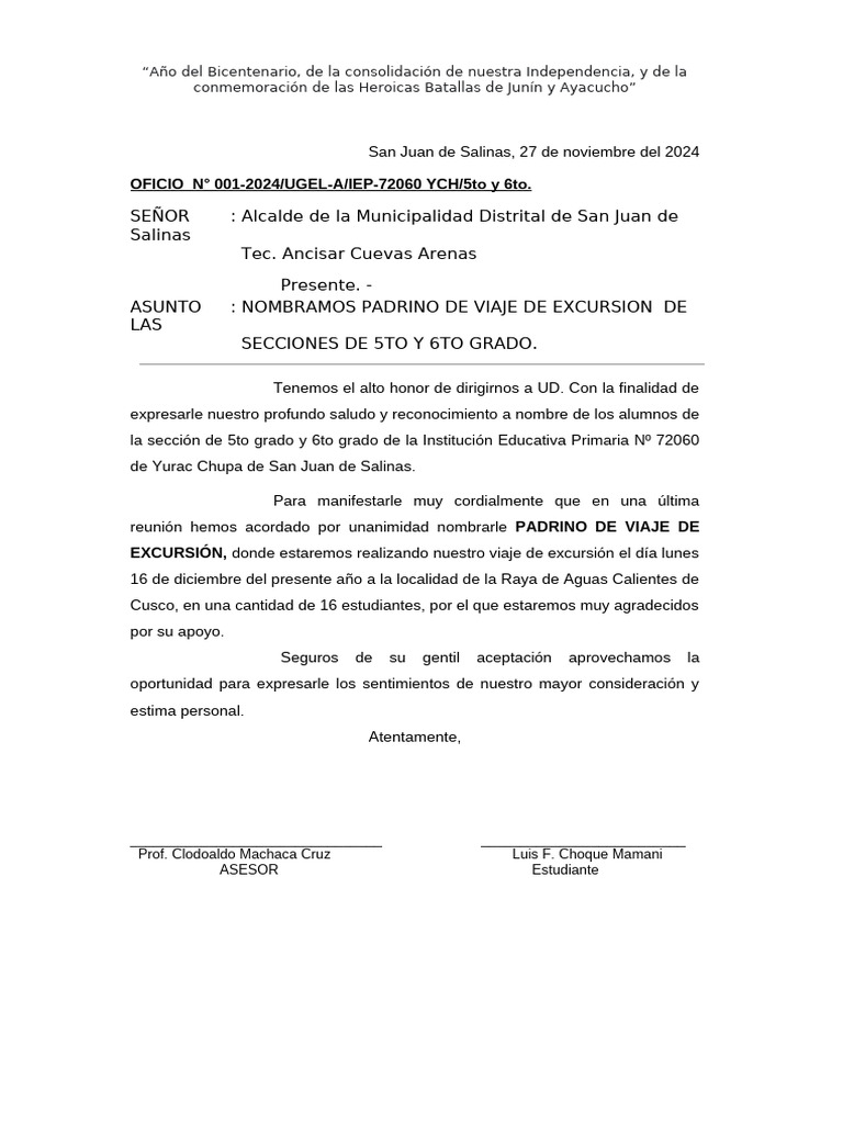 Oficio Padrino EXCURSION | PDF