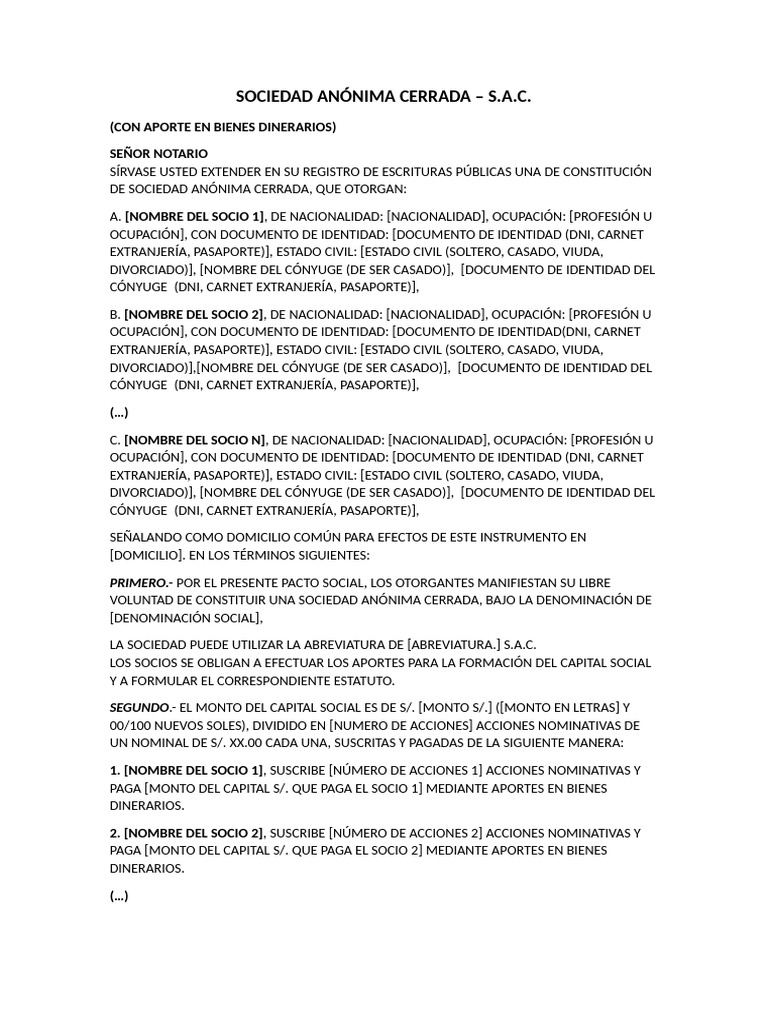Constitución de Sociedad Anónima Cerrada | PDF | Documento de identidad ...