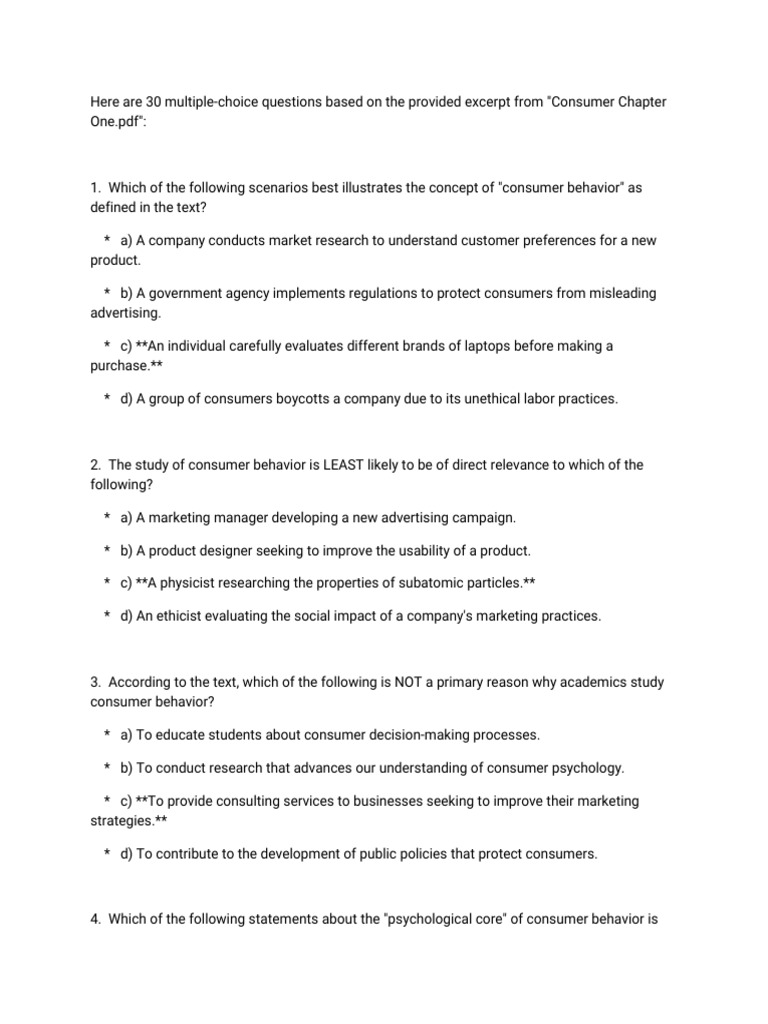 30 Questions on Consumer Behavior Concepts | PDF | Consumer Behaviour ...