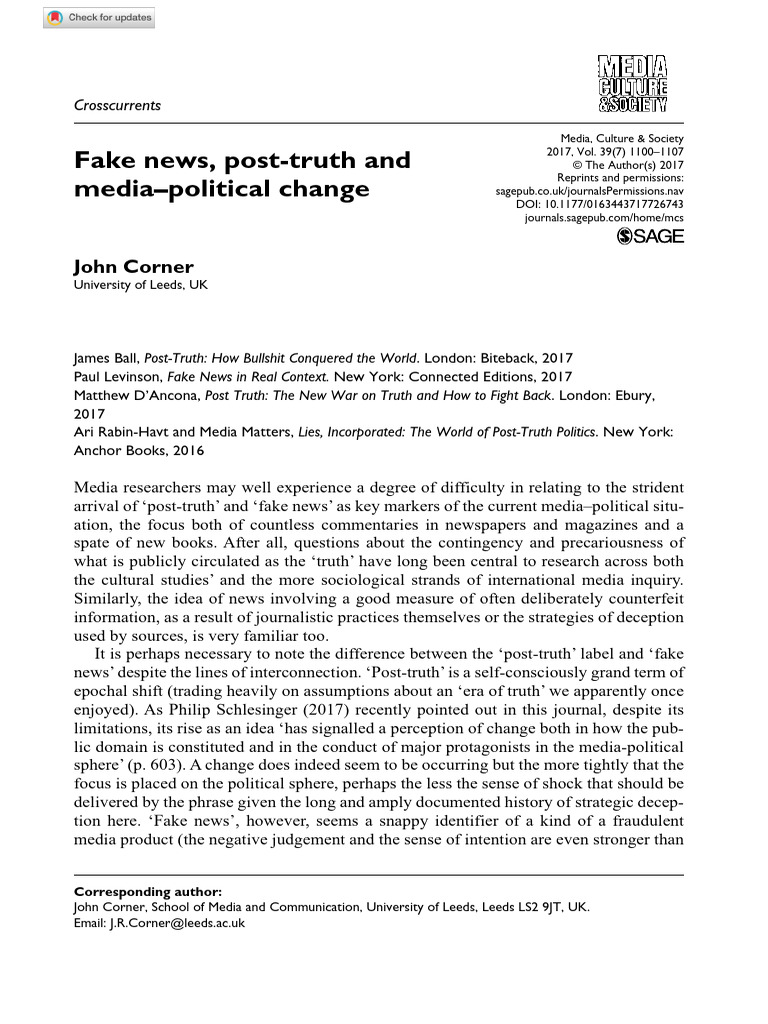 Corner 2017 Fake News Post Truth and Media Political Change | PDF | News