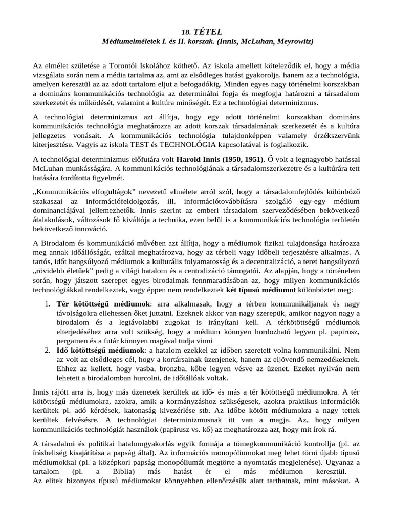 Médiumelméletek I. És II. Korszak. Innis McLuhan Meyrowitz | PDF