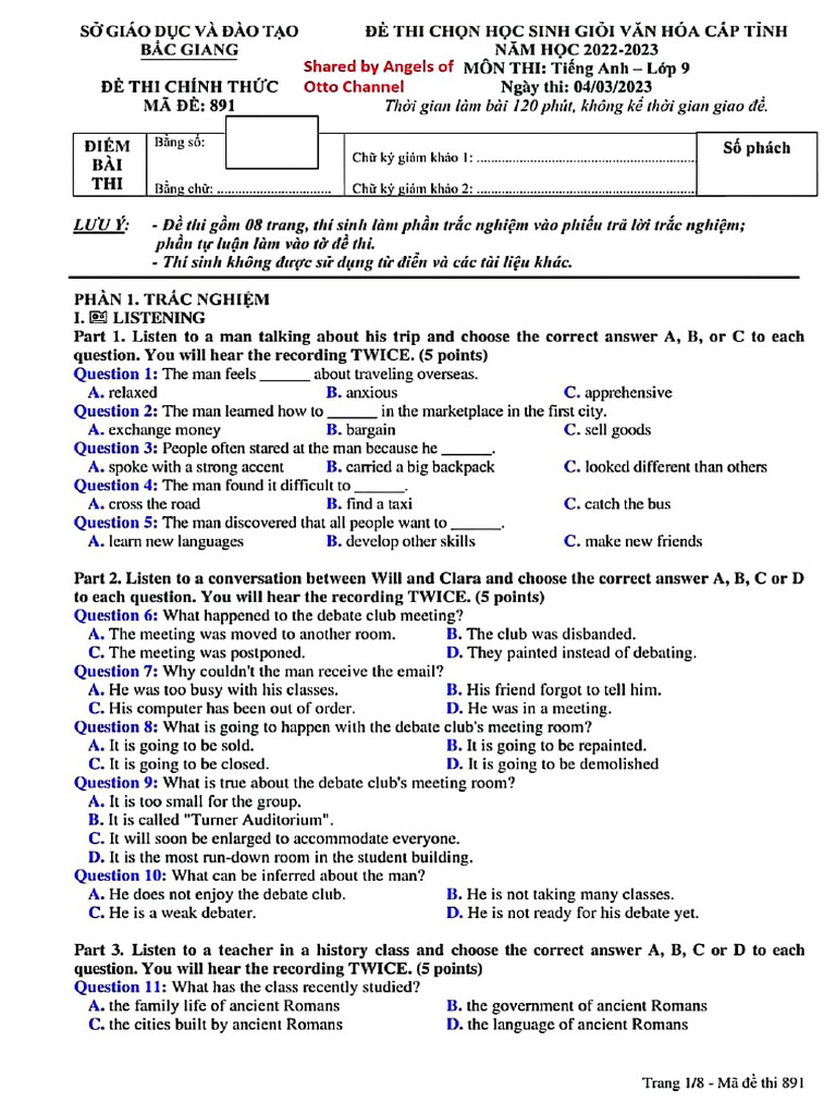 Đề HSG Anh 9 Bắc Giang 2022-2023 | PDF