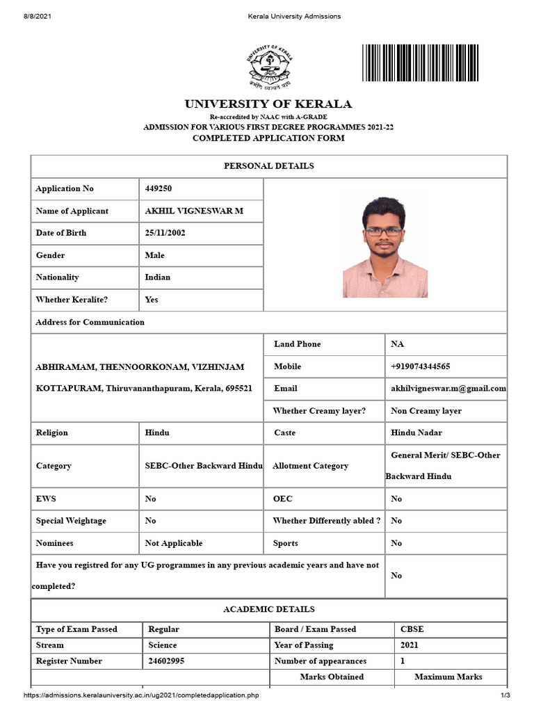 Kerala University UG Admission Form 2021 | PDF | University And College Admission