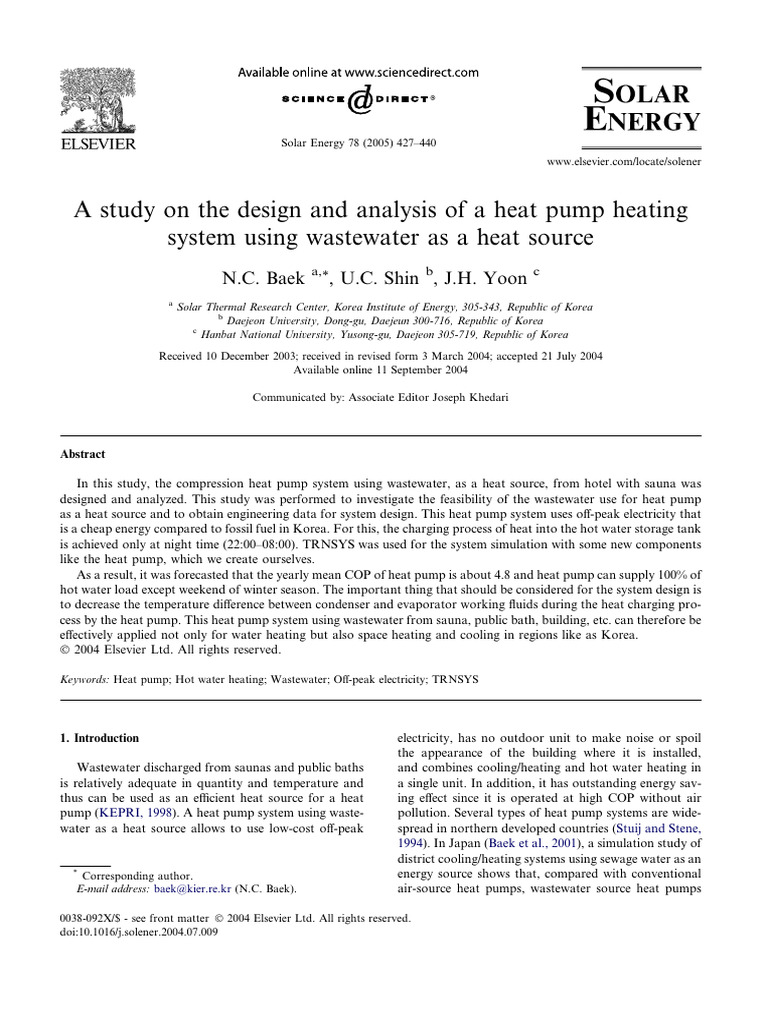 A study on the design and analysis of a heat pump heating system using wastewater as a heat ...