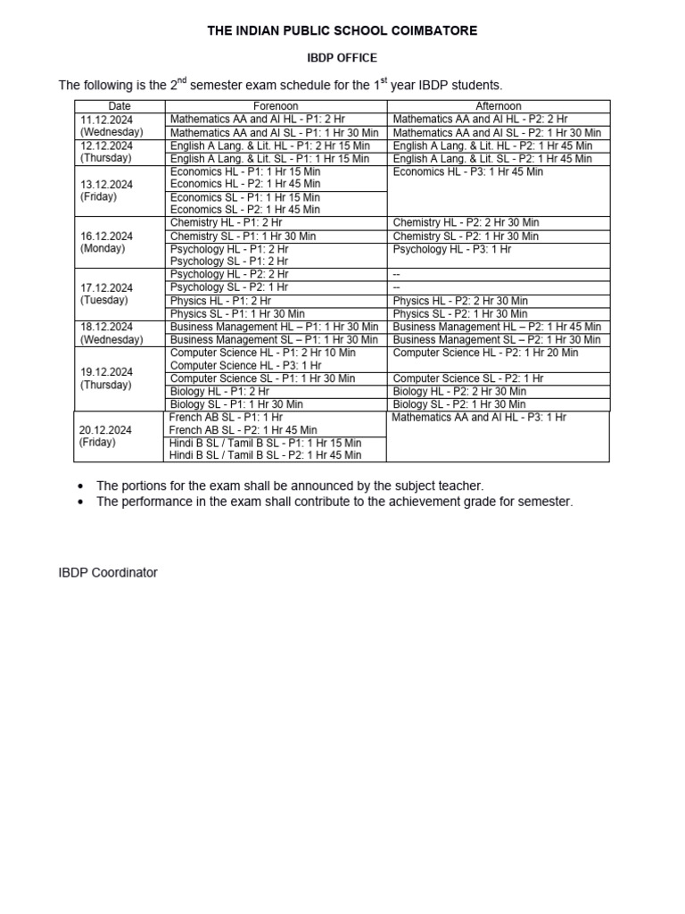 1st IBDP - 2nd Sem Exam Schedule - Dec. 2024 | PDF | Educational Stages ...