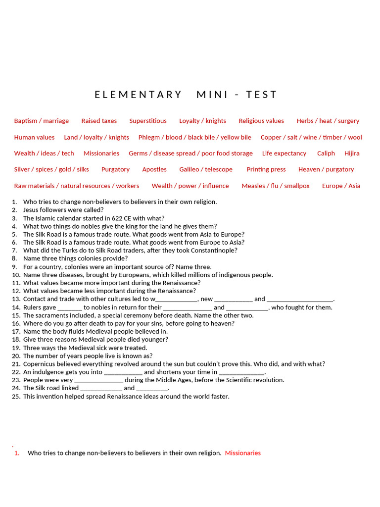 Medieval History Mini-Test Questions | PDF | Silk Road | Middle Ages