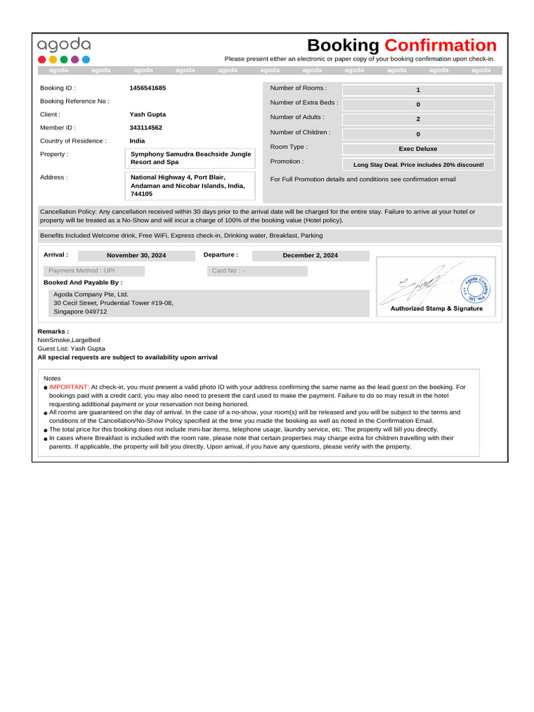 Confirmation for Booking ID # 1456541685 | PDF