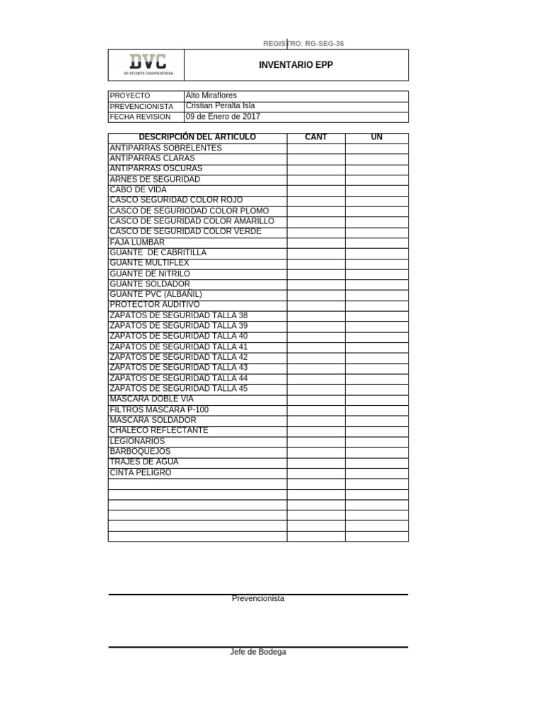 Inventario EPP Proyecto Alto Miraflores | PDF