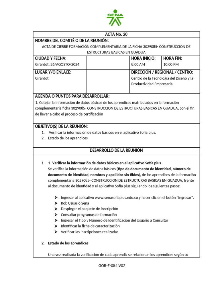 ACTA 20. CIERRE CURSO FICHA - 3029085 - CONSTRUCCION DE ESTRUCTURAS BASICAS EN GUADUA. GOR-F ...