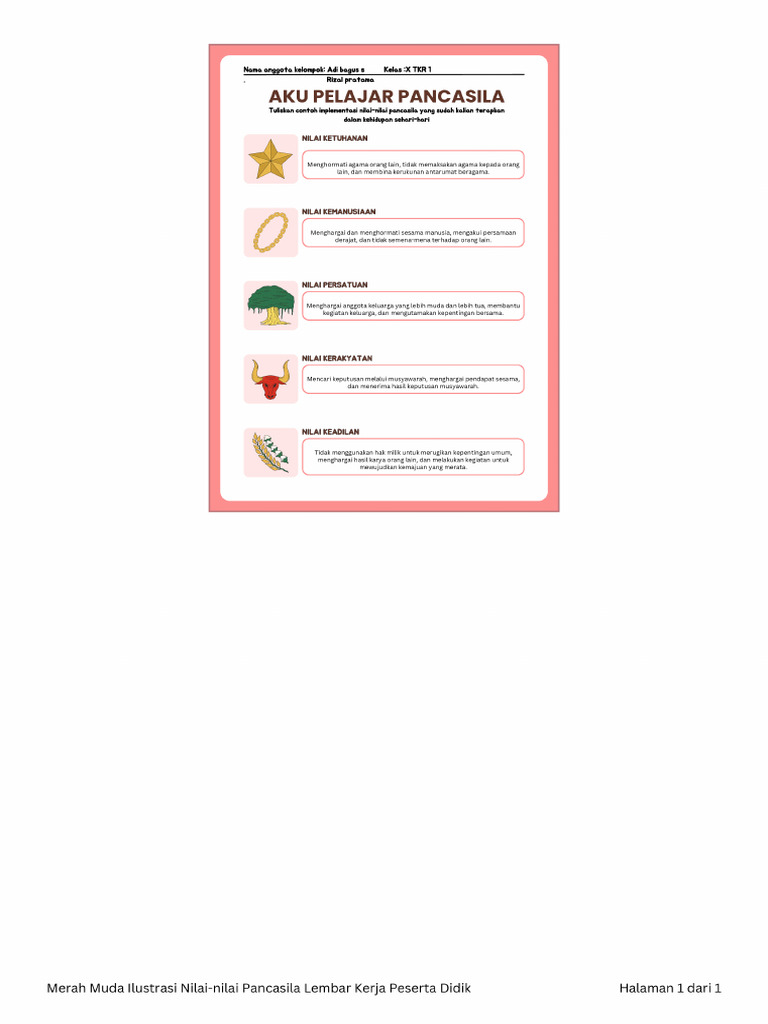 Merah Muda Ilustrasi Nilai-Nilai Pancasila Lembar Kerja Peserta Didik ...