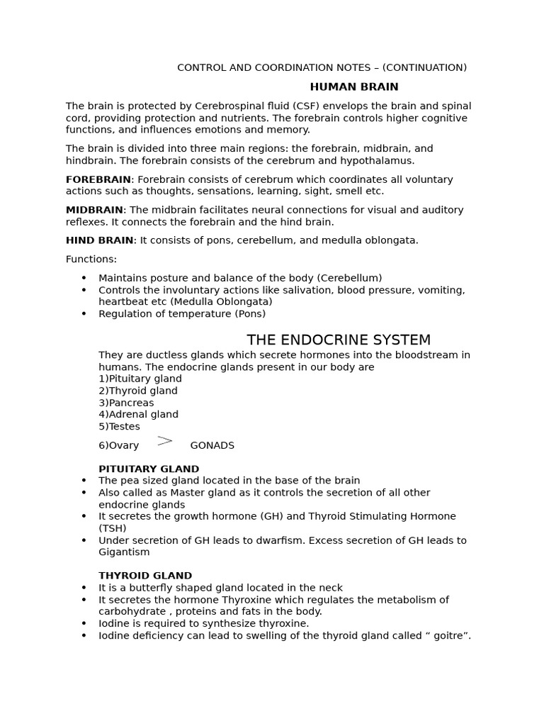 Control and Coordination Notes | PDF | Hormone | Endocrine System