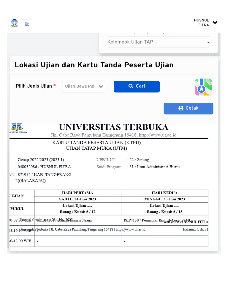 Https:%2Fadmisi Sia.ut.Ac.id%2Fdashboard%2Ftugas Ujian%2Fcetak Kartu Tanda Peser | PDF