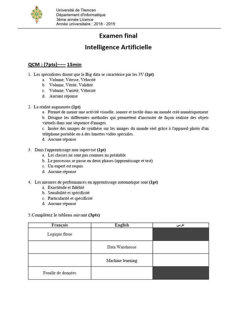 Exam IA 2018 - 2019 | PDF | Apprentissage automatique | Informatique