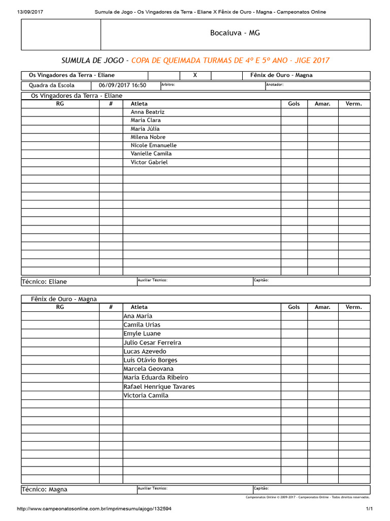 Sumula de Jogo - Os Vingadores da Terra - Eliane X Fênix de Ouro ...