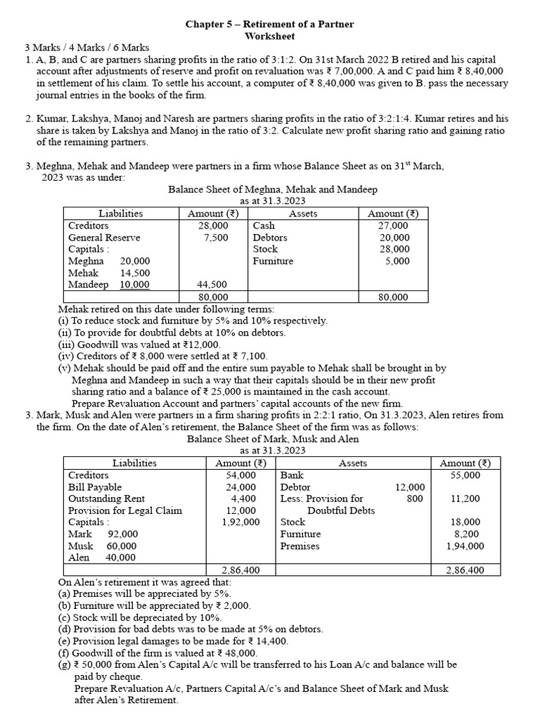 Retirement of Partners: Class 12 Guide | PDF | Balance Sheet | Goodwill ...