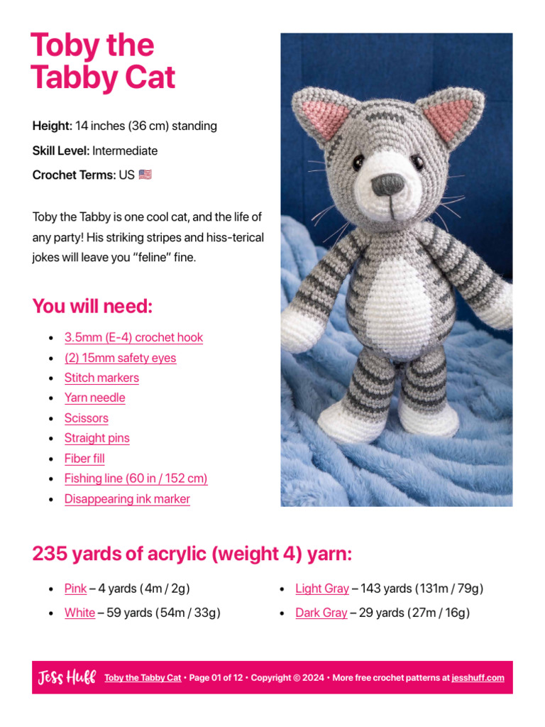 Toby The Tabby Cat - Jess Huff | PDF | Crochet | Yarn