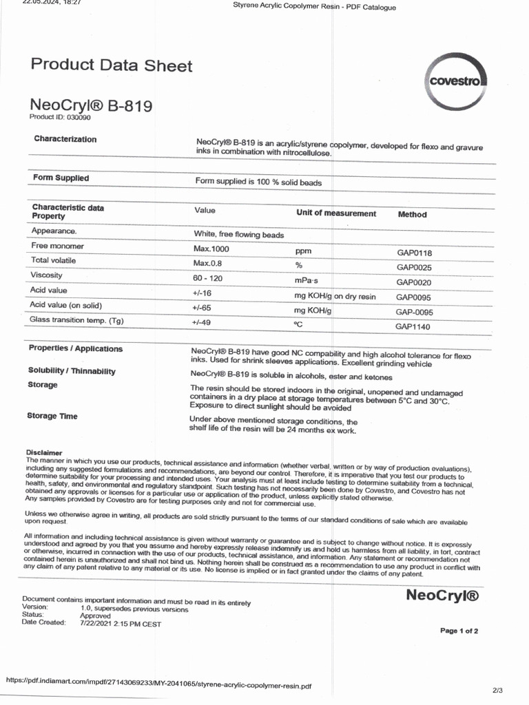 NeoCryl B-819 (TDS) | PDF
