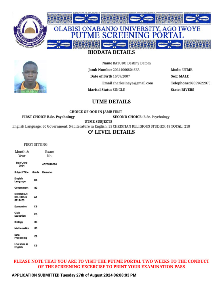 2024 - 2025 Putme Screening Application Form | PDF