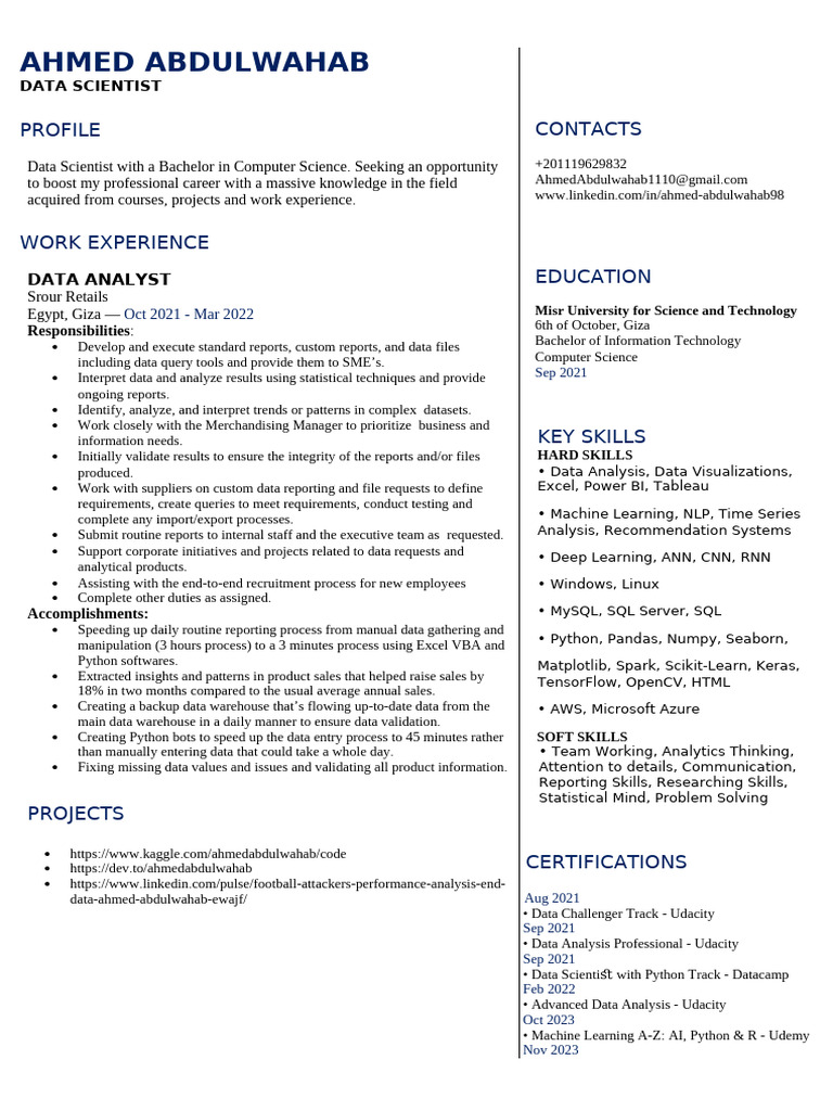 Ahmed Gamal Resume | PDF | Data | Data Science