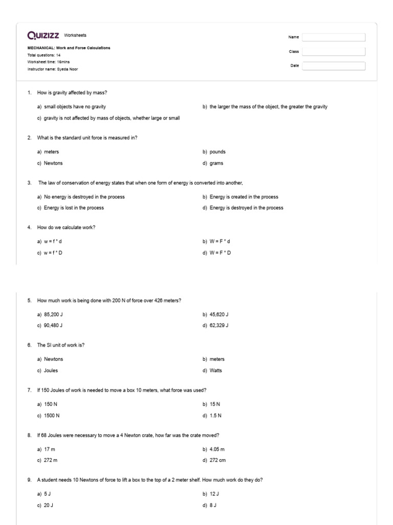 Work and Force Calculation Worksheet | PDF | Force | Mass