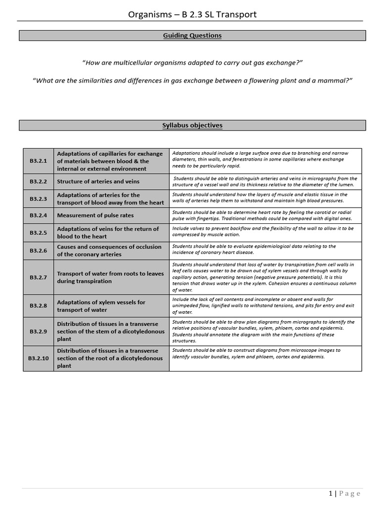 B 2.3 SL Transport - Student Notes | PDF | Artery | Vein