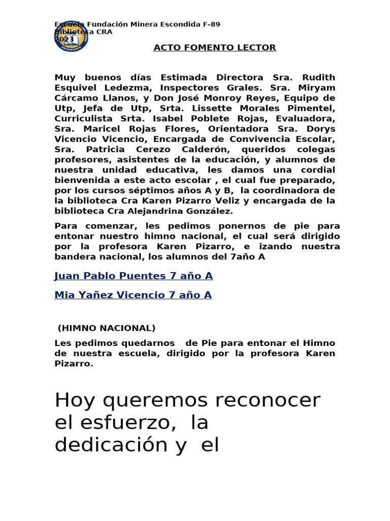 Acto Fomento Lector 2022 | PDF