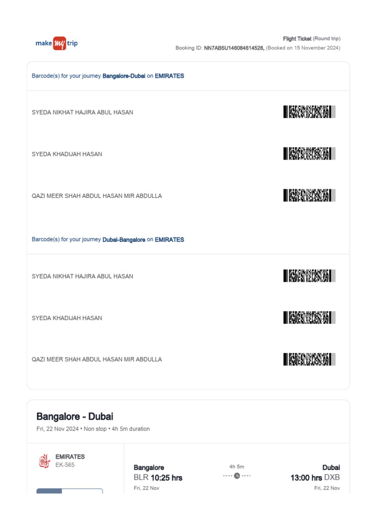 Bangalore-Dubai Round Trip Ticket | PDF | Travel Visa