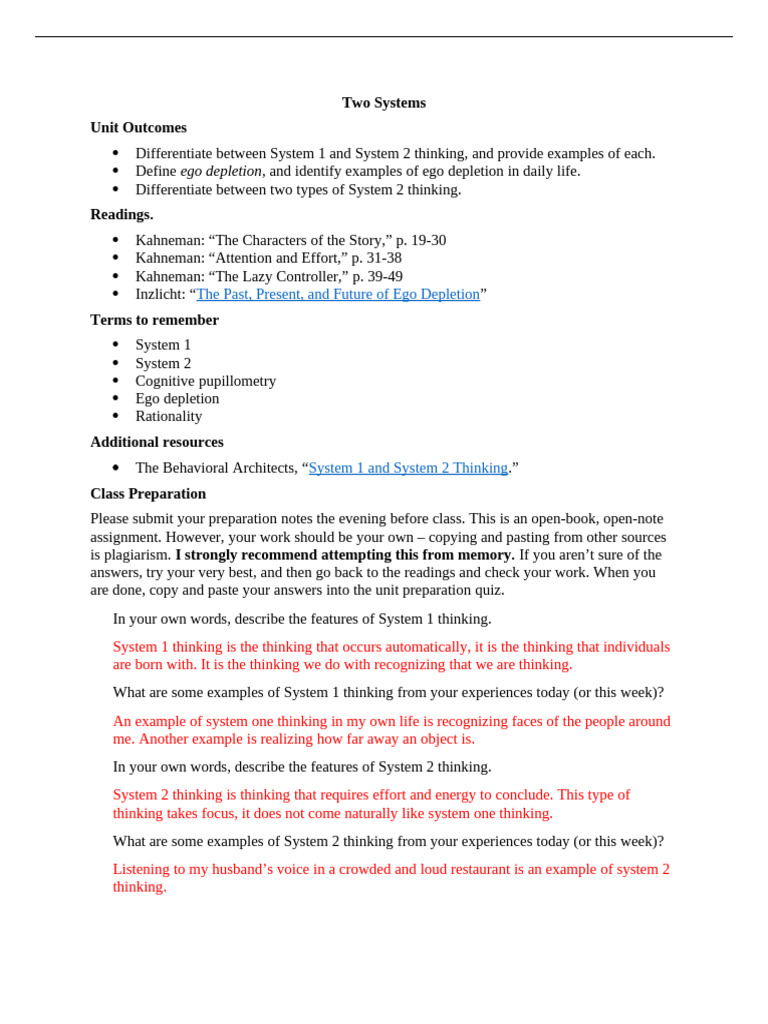 Two Systems Worksheet | PDF | Thought | Self-Management
