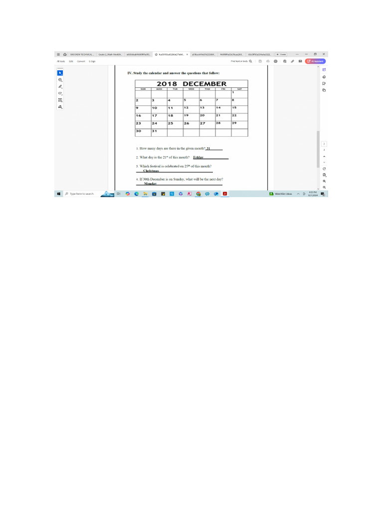 Calendar Worksheet for Grades 2-3 | PDF
