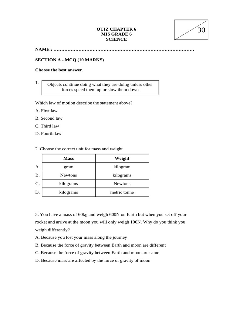 Quiz CHP 6 G6 | PDF | Force | Friction