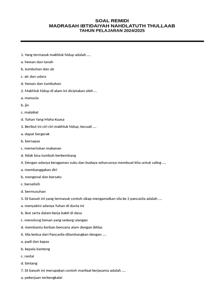 Soal Remidi Tema 1 Kelas 3 | PDF