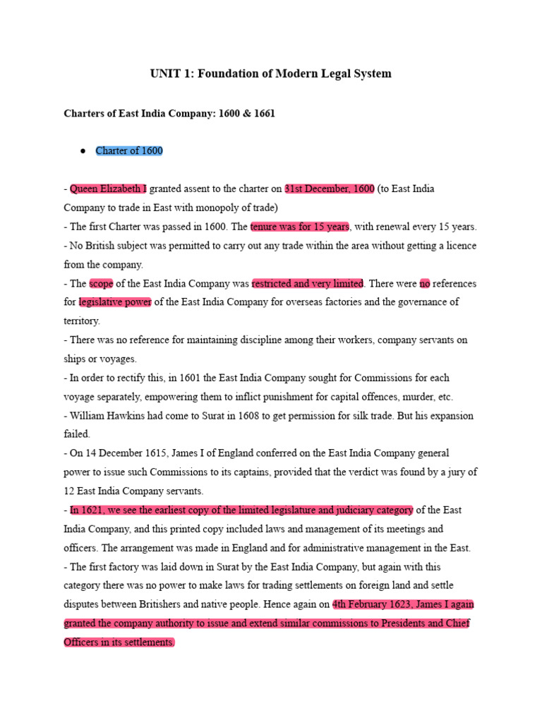 UNIT 1_ Foundation of Modern Legal System | PDF | East India Company ...