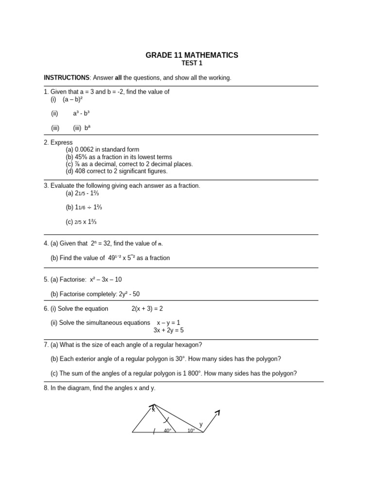 Grade 11 Maths Test 1 | PDF