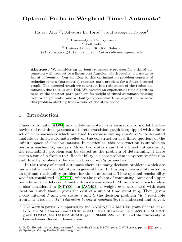 Alur2001 Chapter OptimalPathsInWeightedTimedAut | PDF | Automata Theory | Time Complexity