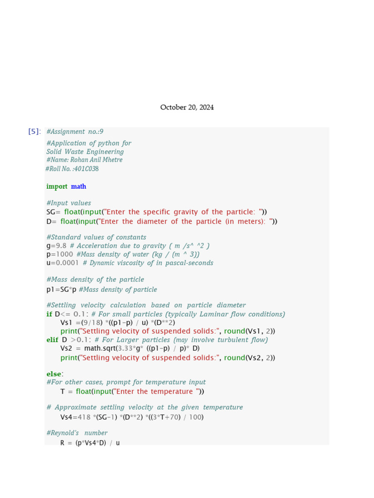 Python for Solid Waste Settling Velocity | PDF