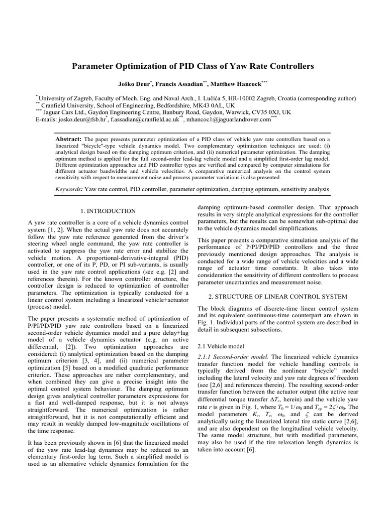 Base-1 Parameter Optimization of PID Class of Yaw Rate Controllers | PDF | Control Theory ...