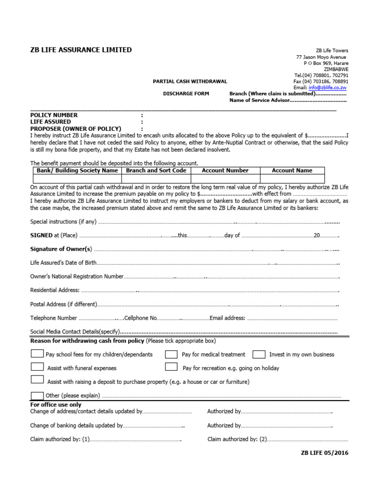 Partial Withdrawal Discharge Form | PDF | Life Insurance | Business