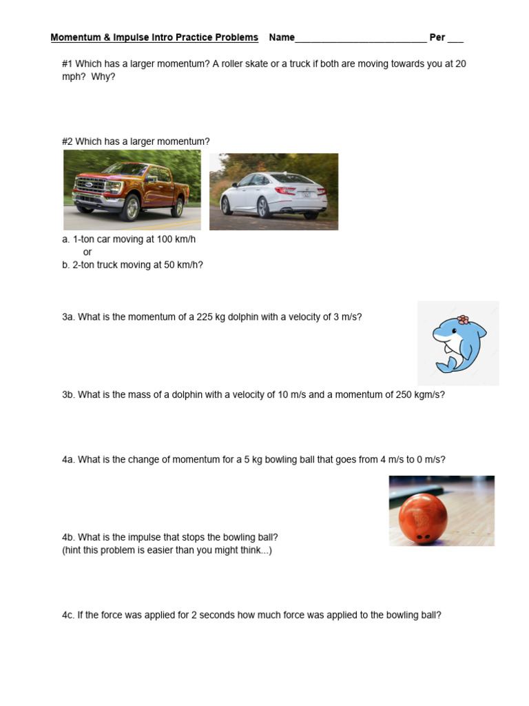 Momentum & Impulse Introduction Practice Problems | PDF | Momentum ...