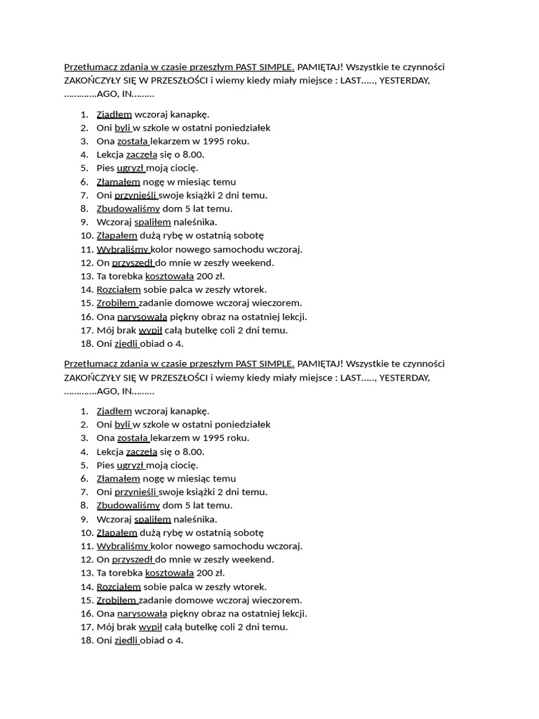 Przetłumacz zdania w czasie przeszłym PAST SIMPLE DO EAT | PDF