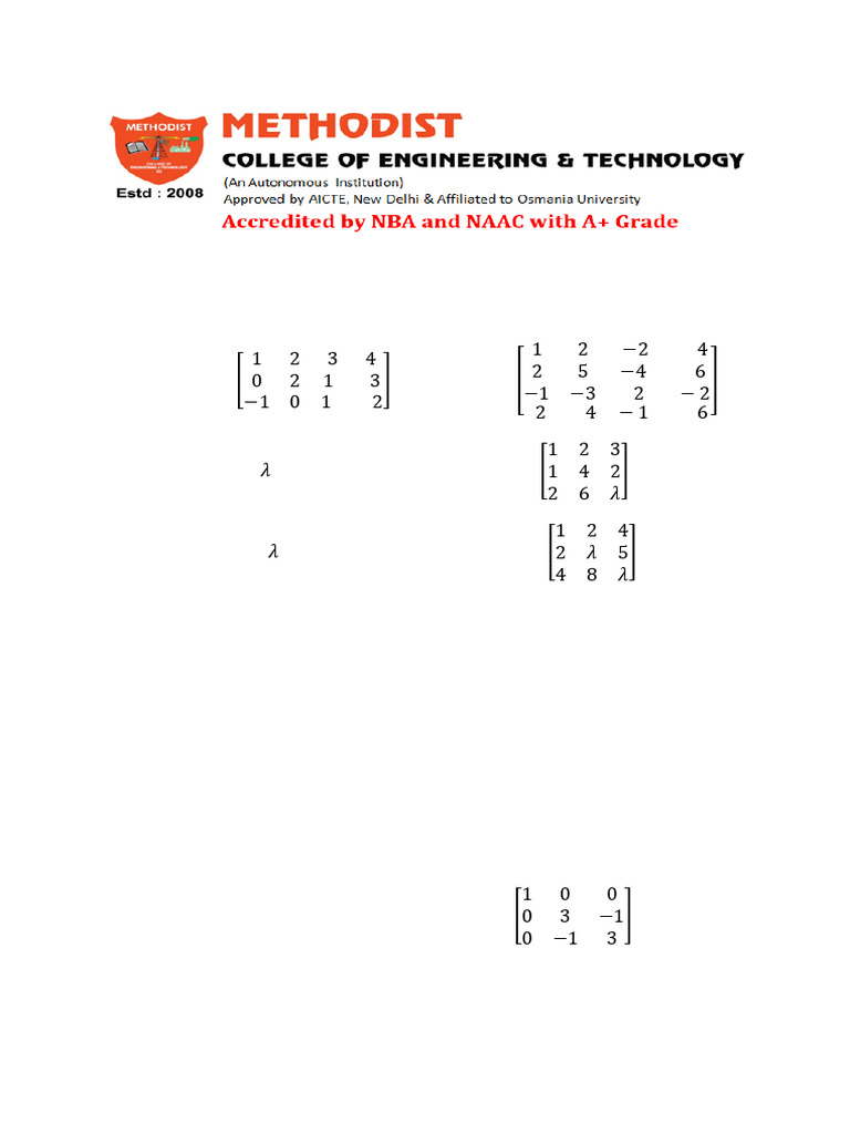 Mathematics-I Question Bank: Matrices & Calculus | PDF | Matrix (Mathematics) | Eigenvalues And ...