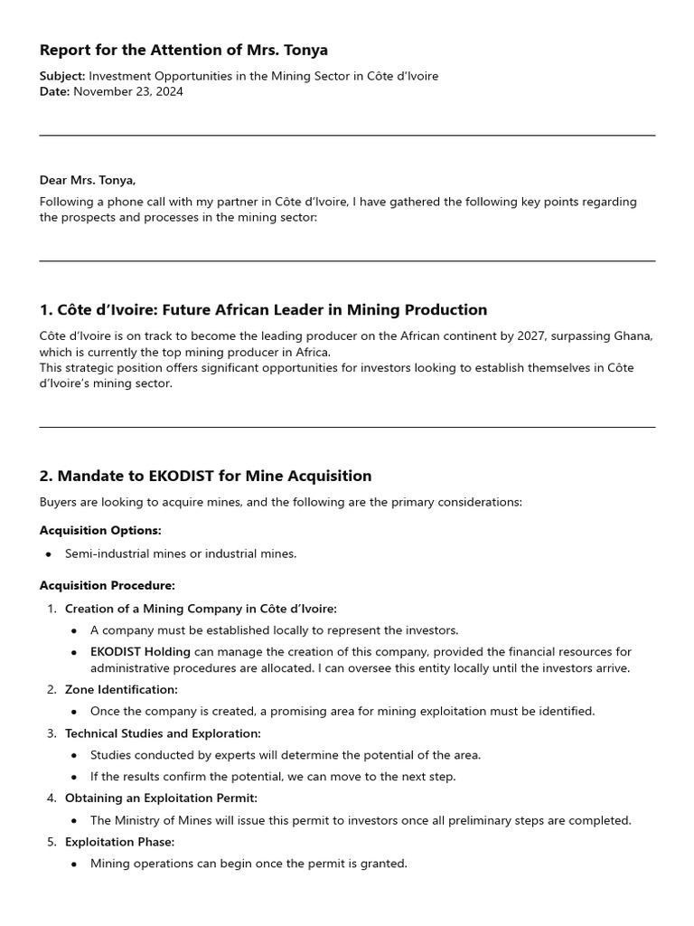 Report For The Attention of Mrs. Tonya | PDF | Mining | Ivory Coast