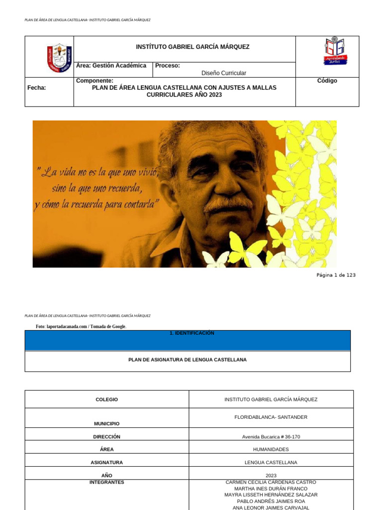 Plan de Area Lengua Castellana Gabriel Garcia Marquez | PDF ...