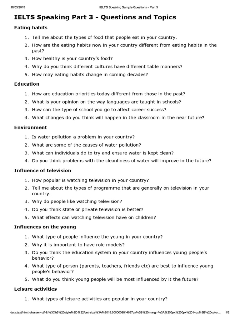 IELTS Speaking Sample Questions - Part 3 | PDF | Psychology