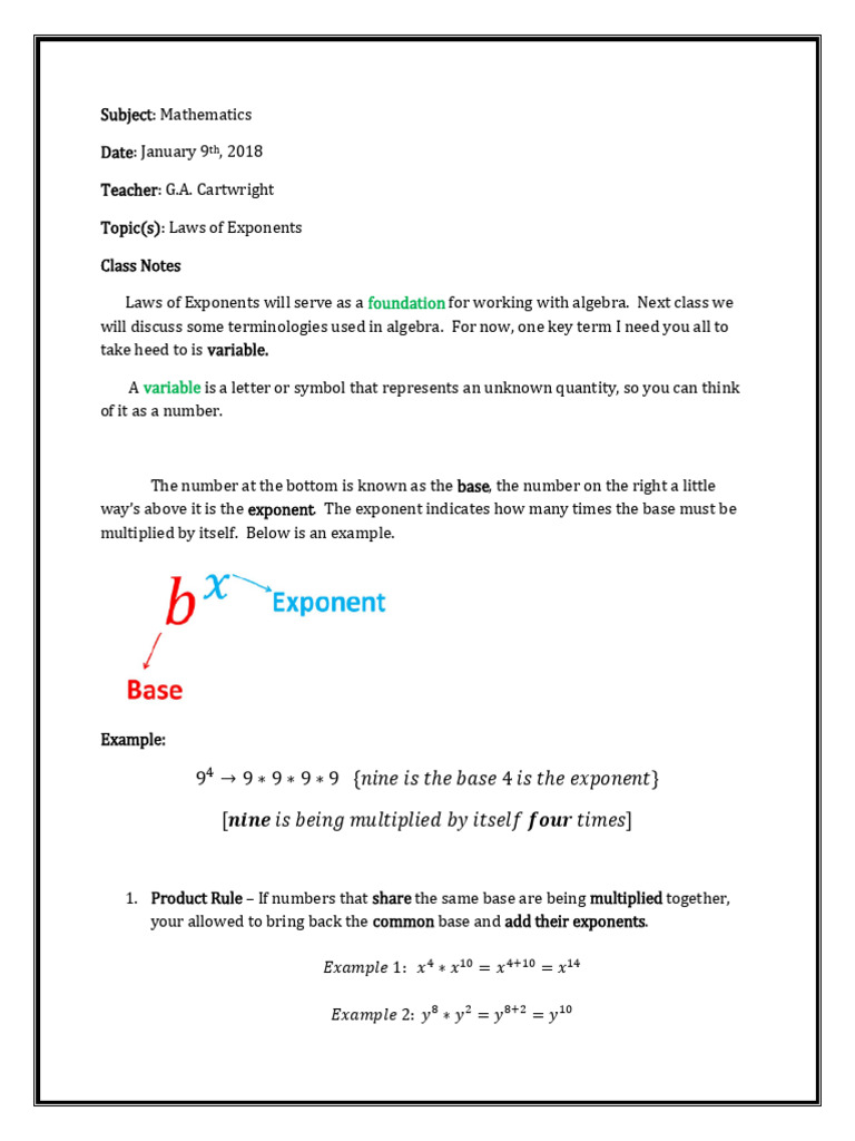 Laws of Exponents Notes and Exercise | PDF | Exponentiation | Numbers