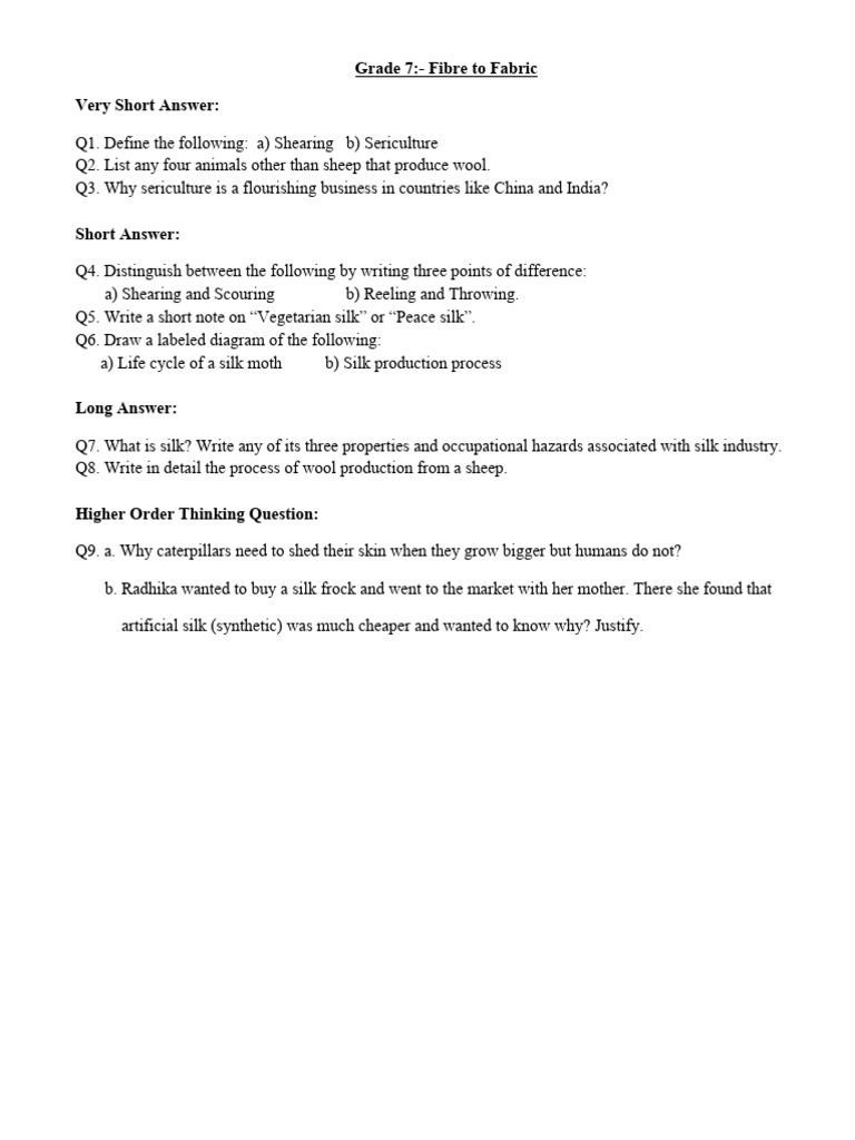 Grade 7 Chapter 3 Fibre To Fabric Question Slip | PDF