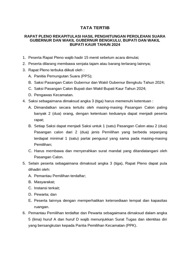 TATA TERTIB RAPAT PLENO REKAPITULASI PILEGUB Dan PILBUP 2024 | PDF
