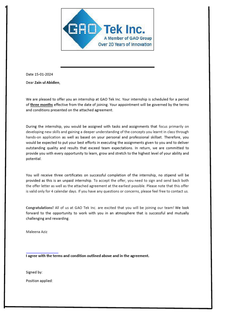 GAO Tek Inc Internship Offer Letter | PDF