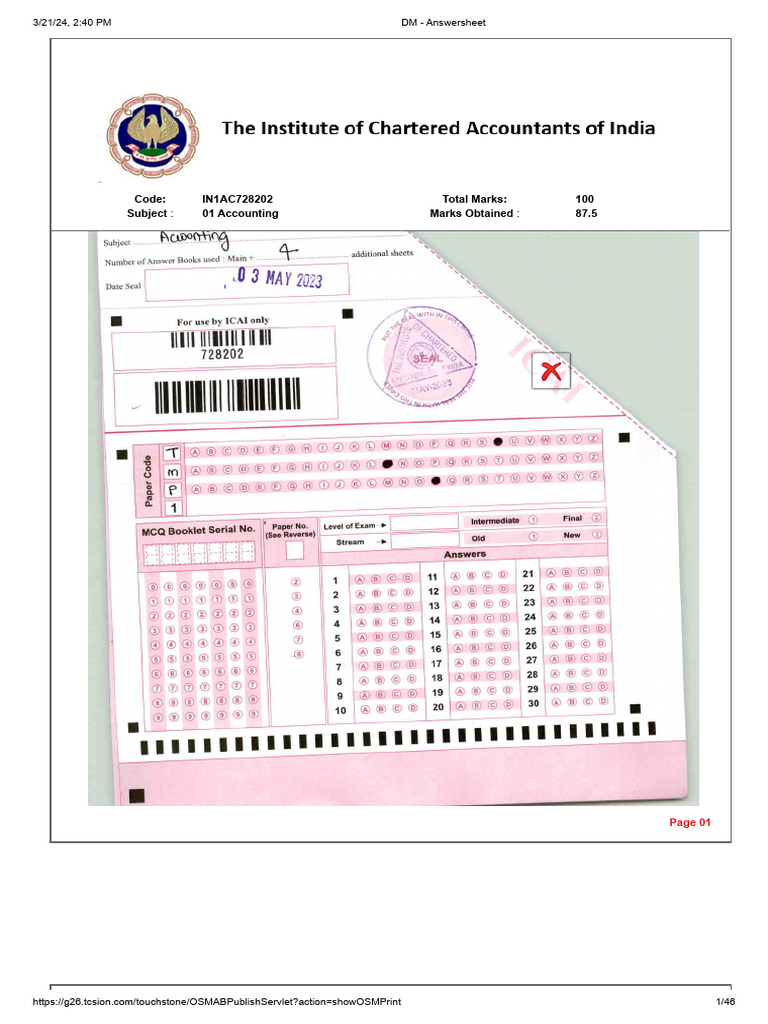 Code: IN1AC728202 Total Marks: 100 Subject 01 Accounting Marks Obtained ...